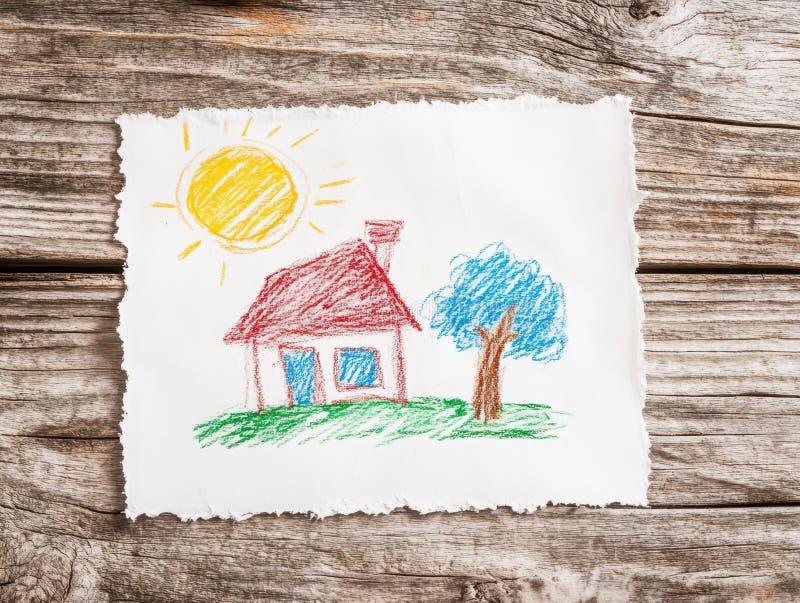 Crayon Art of House with Sun and Tree Stock Photo - Image of bright ...