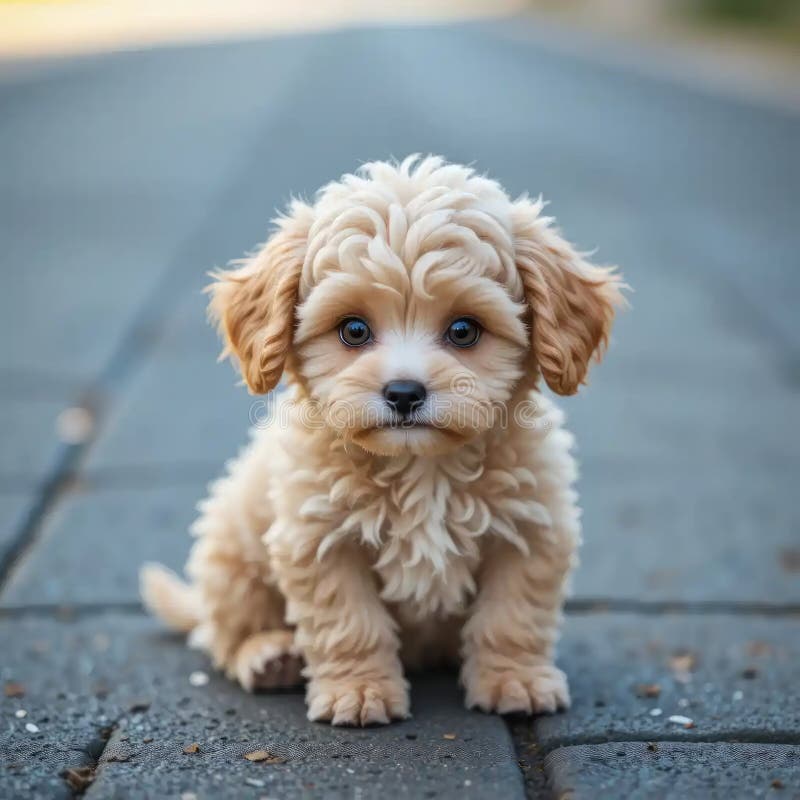 Adorable Fluffy Cavapoo Puppy Sitting on Pavement a Sweet Cream-Colored ...