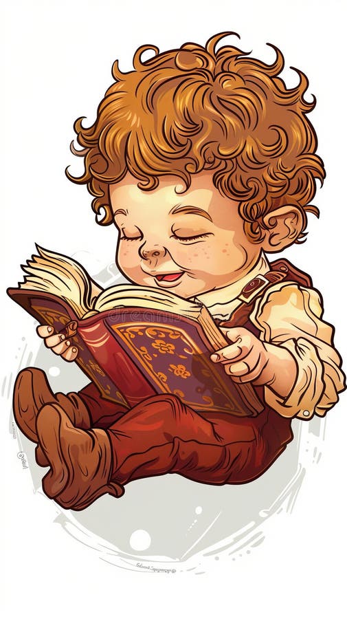 Charming Curly-haired Child Reading a Book with Joyful Expression Stock ...