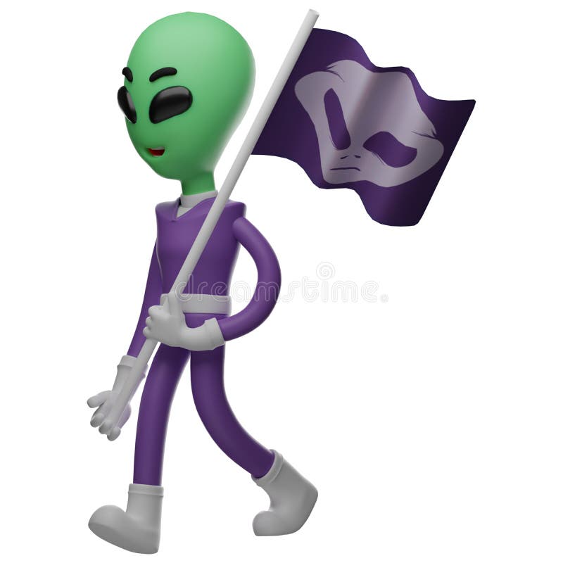 Charming 3D Alien Cartoon Illustration with Holding a Flag Stock ...