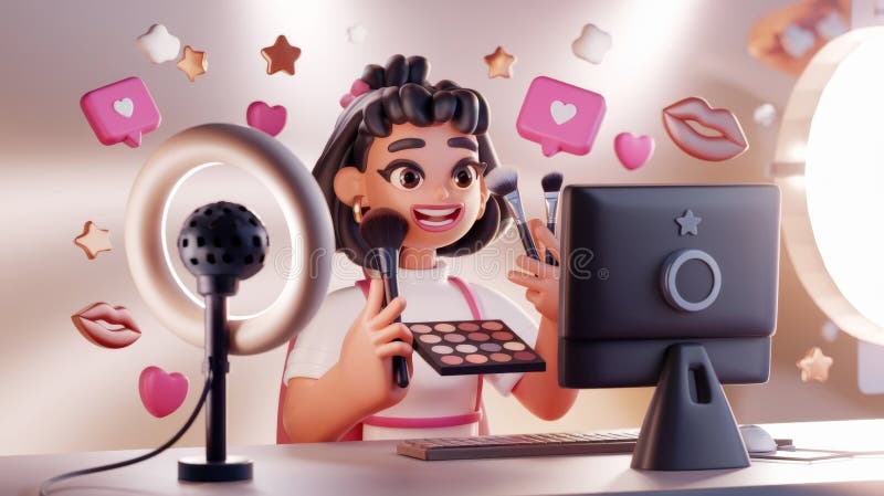 Beauty Influencer Girl Live Stream Makeup Tutorial AI Generated. Stock ...