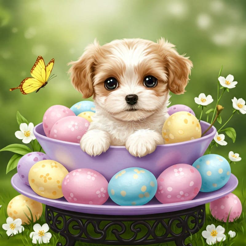 Springtime Puppy with Butterfly and Eggs Stock Illustration ...