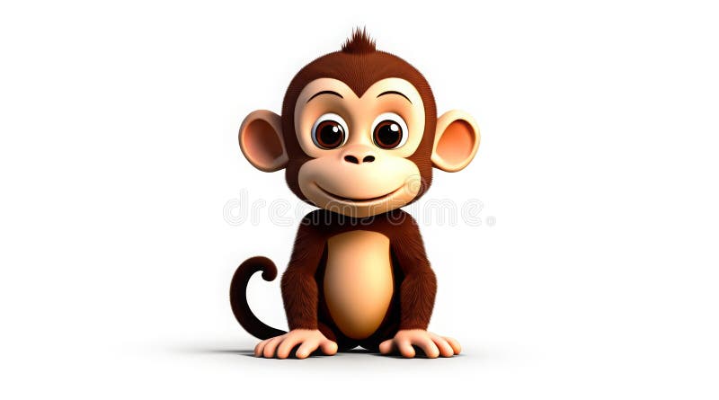 Charming 3D Monkey Sitting Upright with a Friendly Smile on a White ...