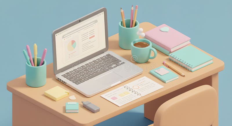 3D Rendering of Study Desk with Laptop, Books, and Stationery Stock ...