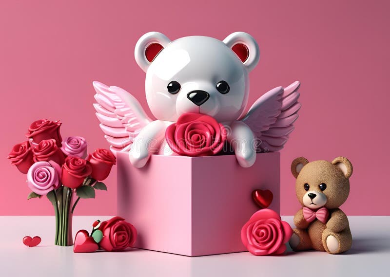 Adorable Angel Teddy Bear in Pink Gift Box with Roses for Valentine S ...