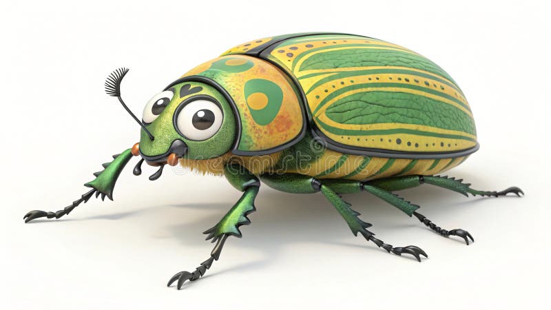 Adorable Cartoon Green and Yellow Beetle Illustration 3D Render Insect ...