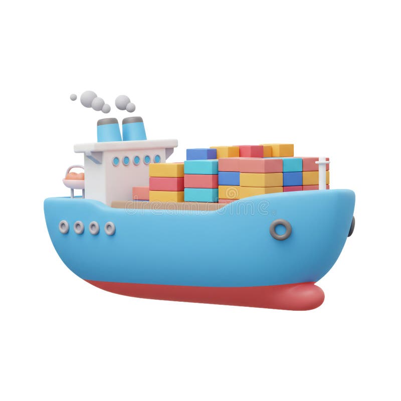 Cute Cartoon Container Ship 3D Render Stock Illustration - Illustration ...