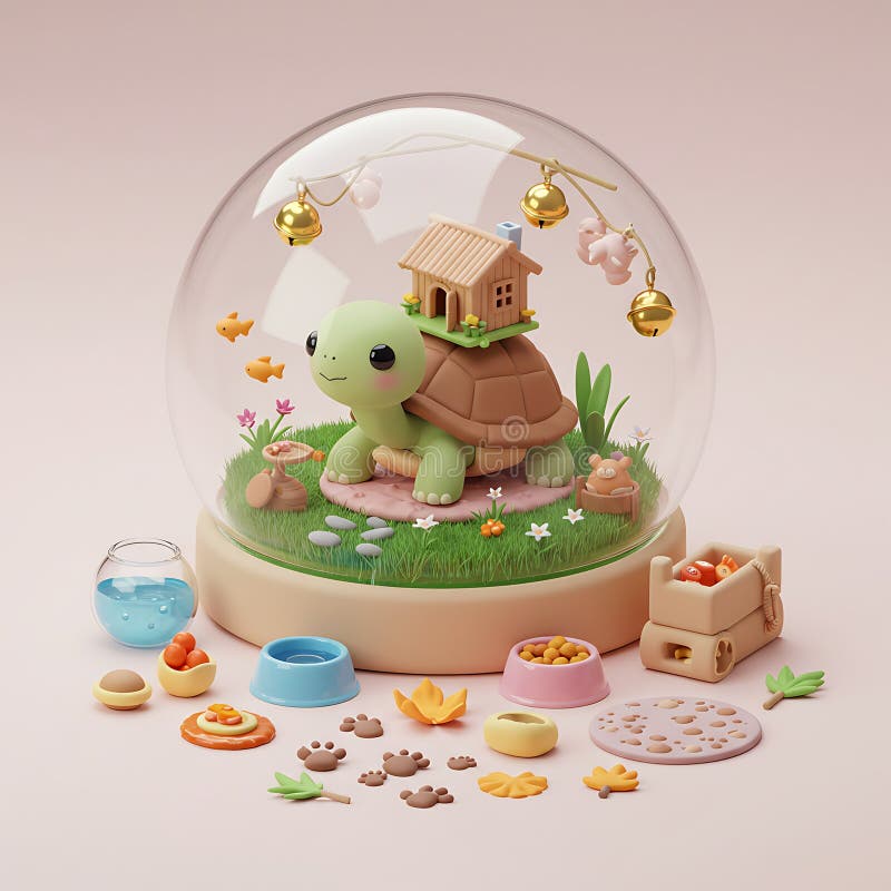 Adorable Turtle in Glass Dome with Miniature House Stock Illustration ...