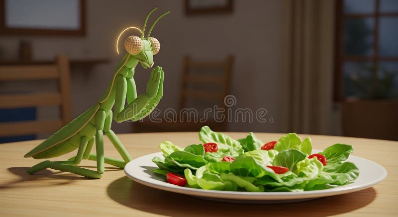Praying Mantis Enjoying a Fresh Salad Stock Illustration - Illustration ...