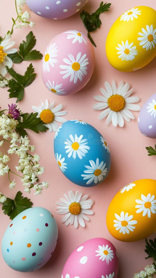 Charming Daisy-Themed Easter Eggs with Spring Greenery Stock Photo ...