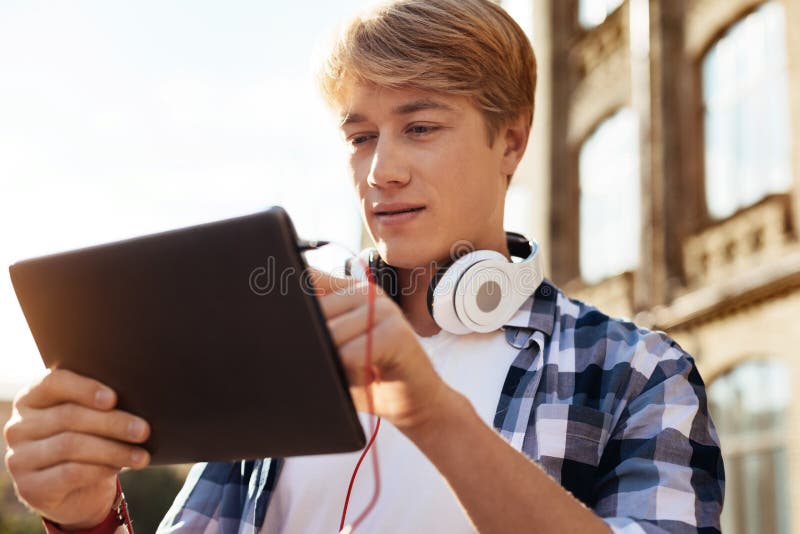 Charming Dedicated Man Finding Some Information Stock Photo - Image of ...