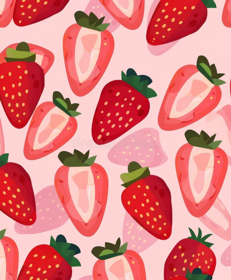 Cute Pink Strawberry Pattern with Red and Green Details Stock ...