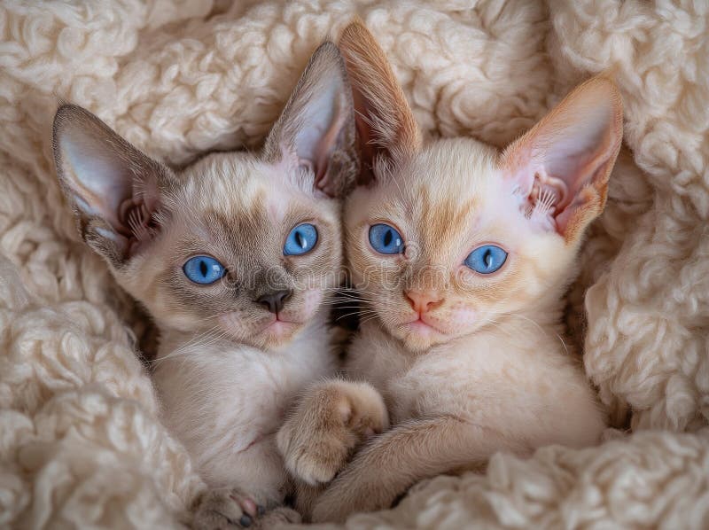 Charming Devon Rex Cats with Blue Eyes Posing in Natural Light Stock ...