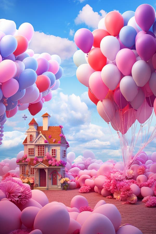 Charming Digital Backdrop Featuring Heart Balloons, Clouds, Flowers ...