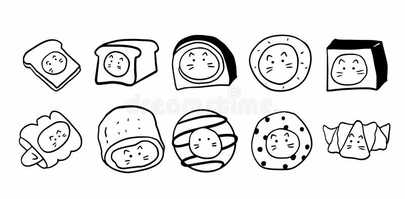 Adorable Cat X Bread Illustration Set – Minimalist Black & White ...