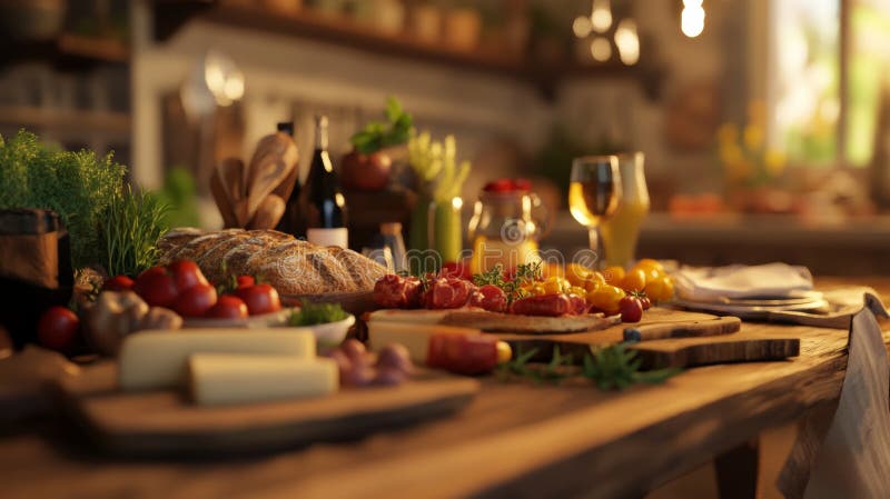 Charming Dining Table with Fresh Ingredients, Artisan Bread, Cheeses ...