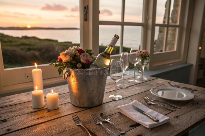 Romantic Dinner Setup with Ocean View at Sunset Stock Image - Image of ...