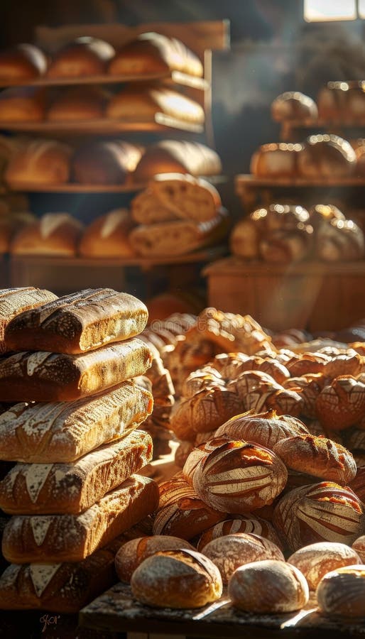 Charming Display of Artisan Loaves and Stacks of Bread Highlighting the ...