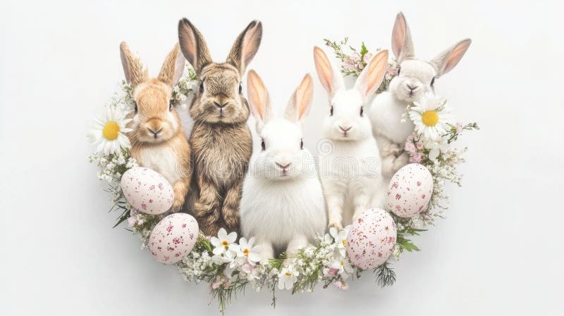 Adorable Rabbits Surrounded by Flowers and Easter Eggs in a Festive ...