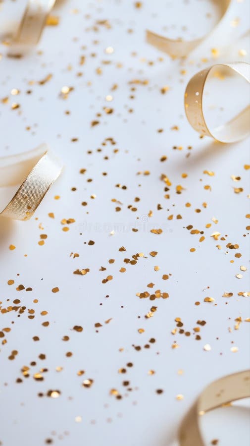 Festive Arrangement of Golden Confetti and Ribbon Curls on a Neutral ...
