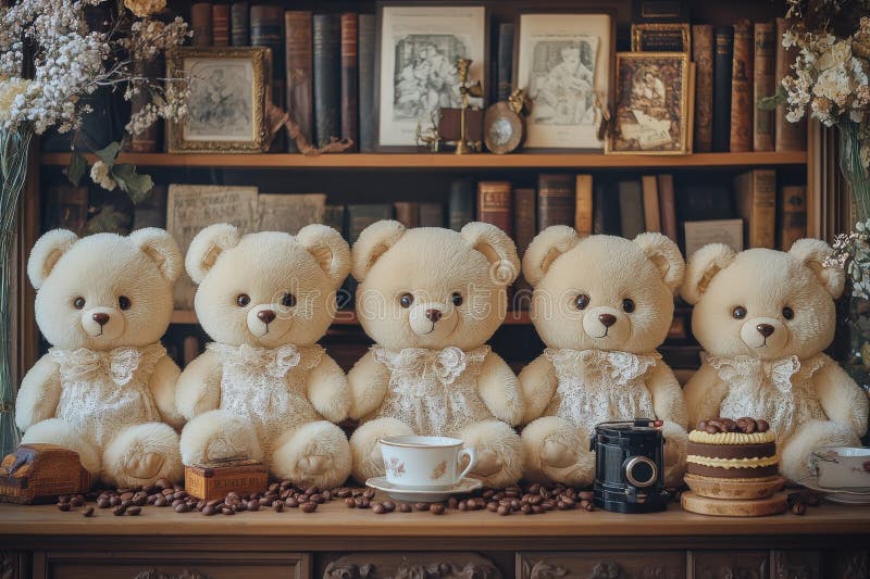Cute Plush Bears Displayed on a Vintage Shelf Cozy Study Toy ...