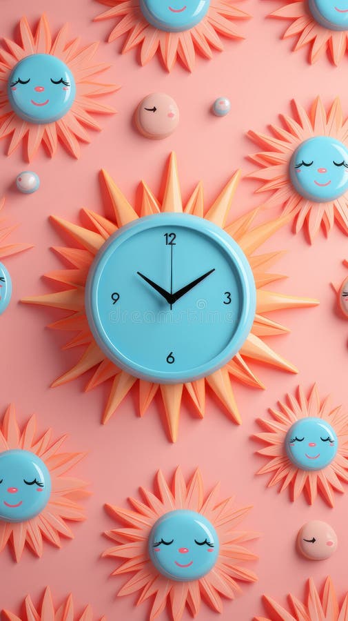 Charming Display of Smiling Sun Designs with a Central Blue Clock on a ...