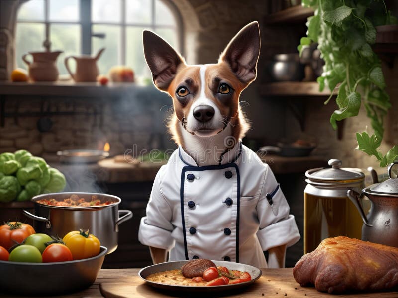 Charming Dog Chef Prepares a Gourmet Meal in Rustic Kitchen Setting ...
