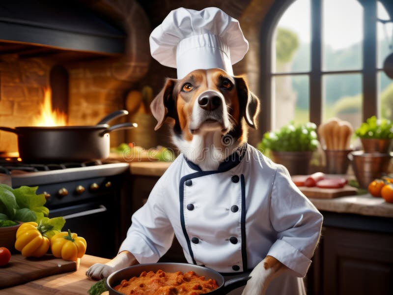 Charming Dog Dressed As a Chef Cooking in a Rustic Kitchen Setting ...