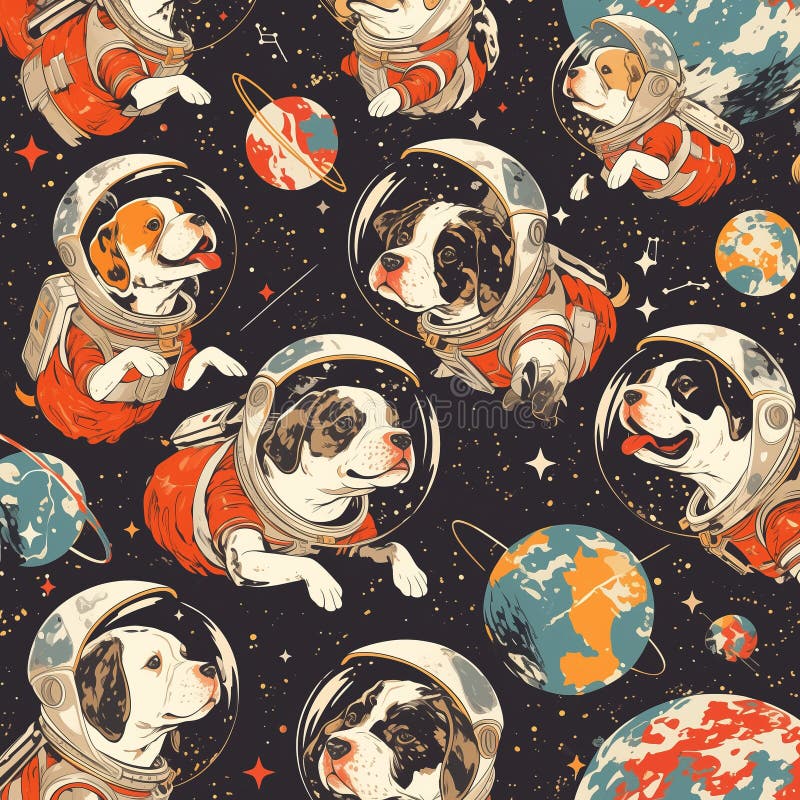Charming Dogs Exploring Space in Vintage Style Stock Illustration ...