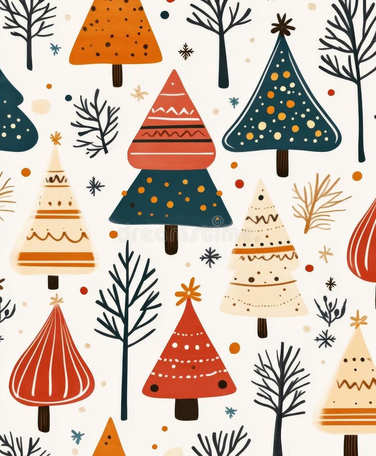 Charming Doodle of Colorful Christmas Trees and Nature Elements Stock ...