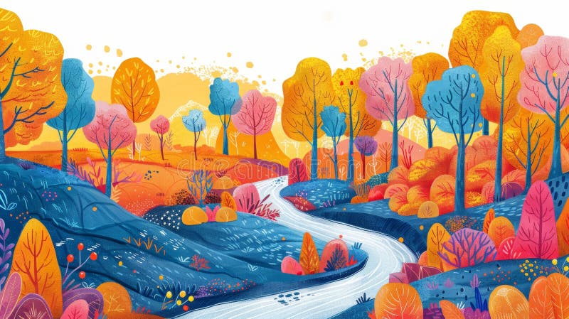 Nature Art, Charming Doodle of a Fall Forest with a Meandering Brook ...