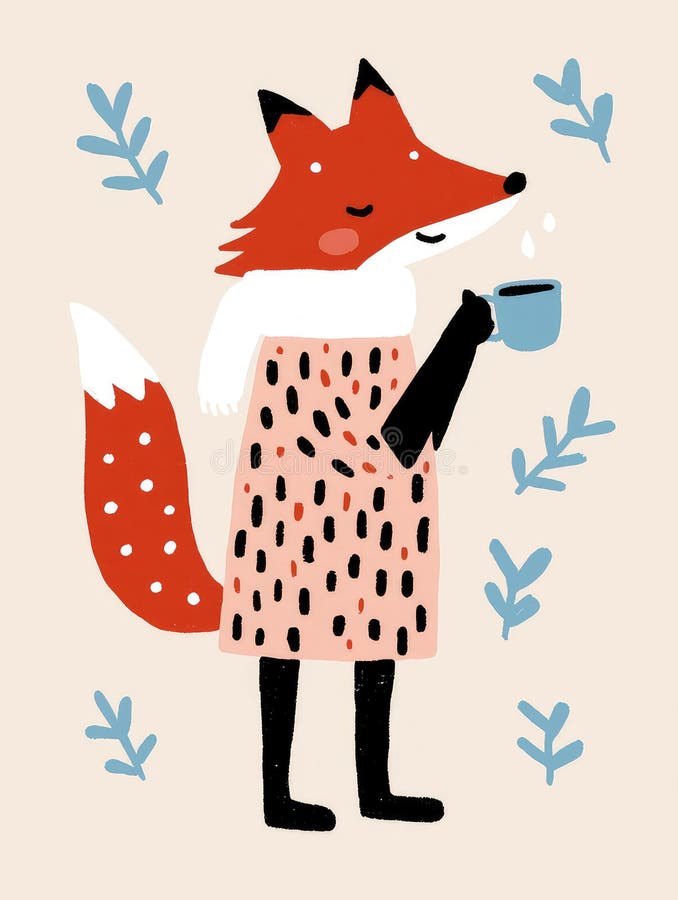 Charming Doodle Illustration of Friendly Fox in Dress, Sipping Tea ...