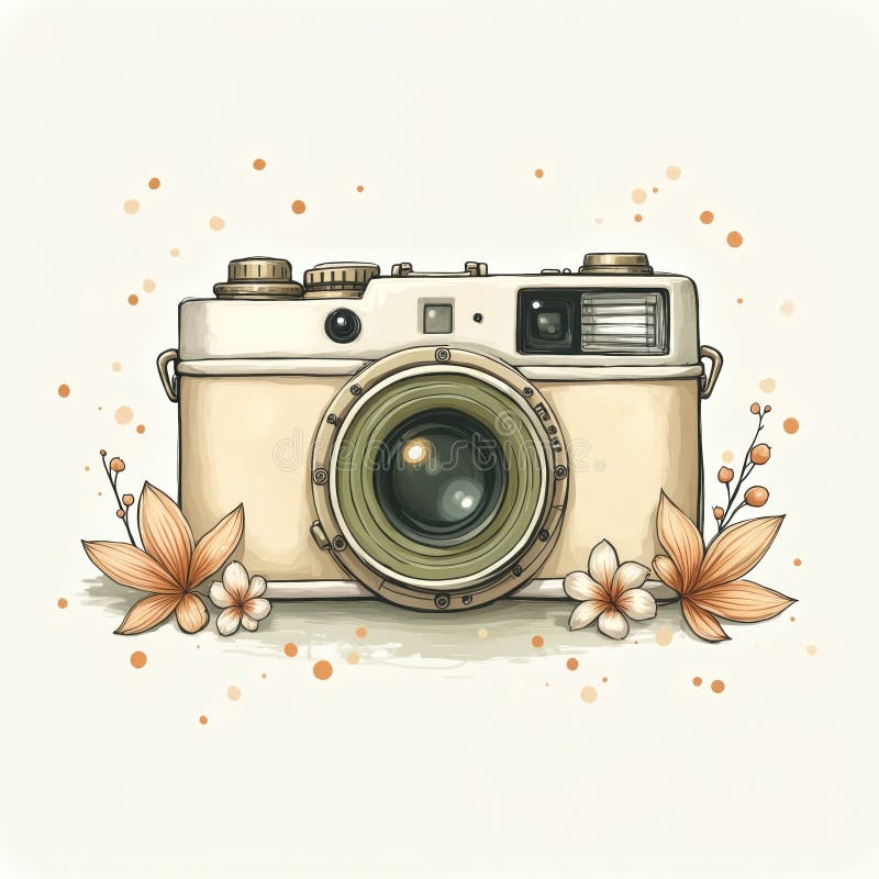 Charming Drawing of Vintage Camera Decorated with Simple Floral ...