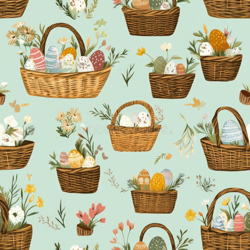 A Charming Easter Basket Pattern with Woven Baskets Filled with Eggs ...
