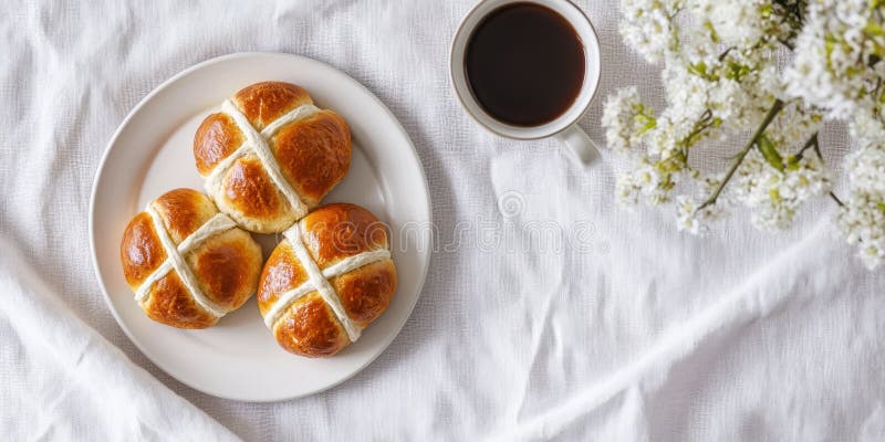 Charming Easter Breakfast Table with Hot Cross Buns and Coffee Stock ...