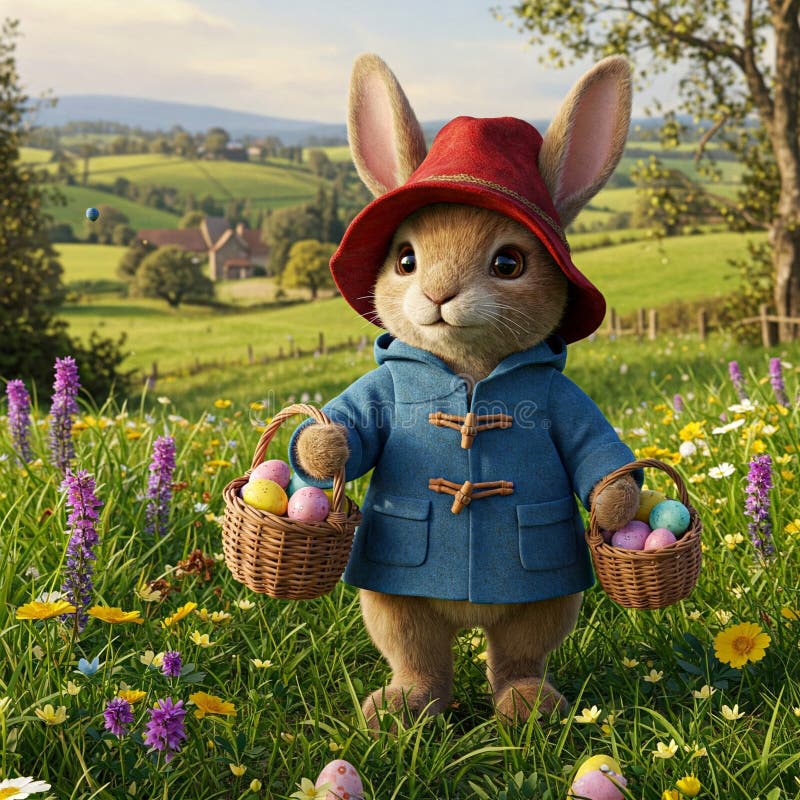 Charming Easter Bunny in Blue Coat, Red Hat, and Wicker Basket of ...