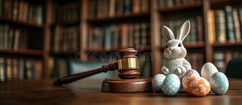 Charming Easter Bunny and Colorful Eggs beside a Judicial Gavel in a ...