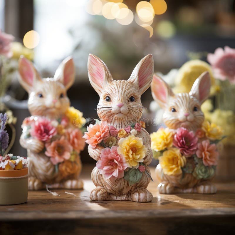 Charming Easter Bunny Figurines Nestled Amongst Blooming Spring Flowers ...