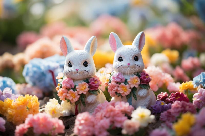 Charming Easter Bunny Figurines Nestled Amongst Blooming Spring Flowers ...