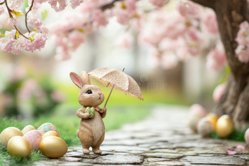 A Charming Easter Bunny Holding a Tiny Umbrella, Walking Along a ...