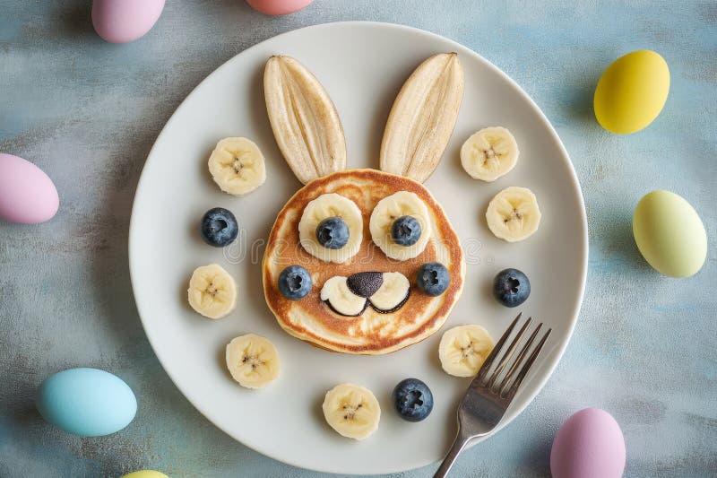 Charming Easter Bunny Pancakes on a White Plate, Set in a Flat Lay on a ...