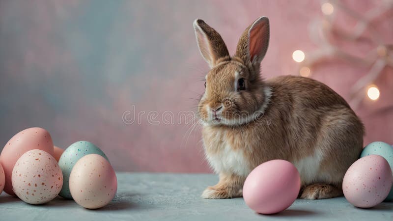 Charming Easter Bunny Posing with Pastel-colored Eggs in a Soft, Pink ...