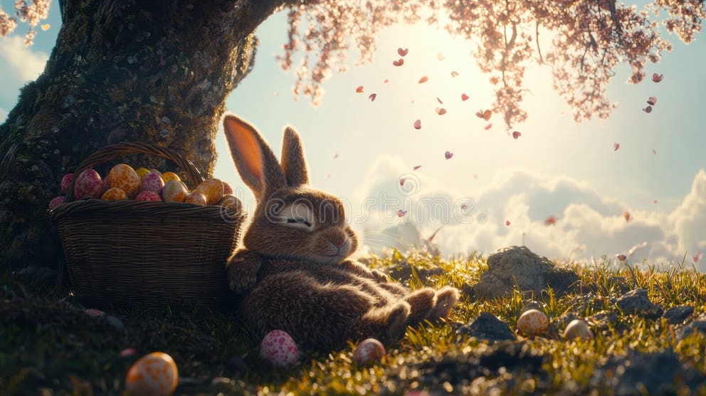 Charming Easter Bunny Relaxing Under a Tree Surrounded by Colorful ...