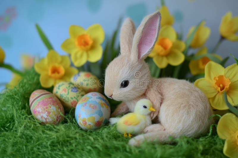 A Charming Easter Bunny Resting on a Bed of Soft Grass, Holding a Tiny ...