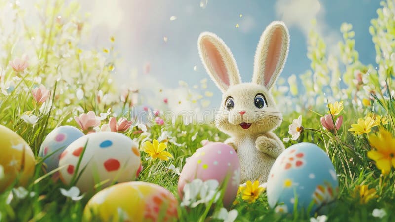 Charming Easter Bunny is Sitting in a Vibrant Meadow Filled with ...