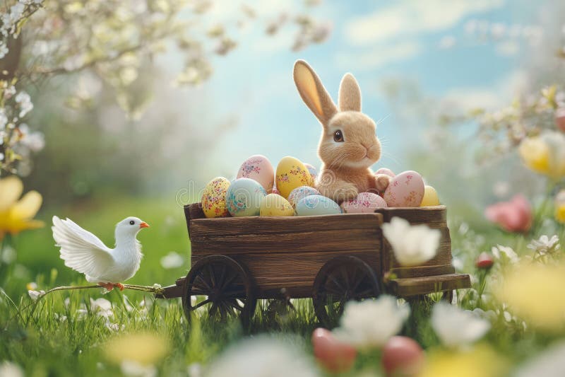 A Charming Easter Bunny Sitting in a Wooden Cart Filled with ...