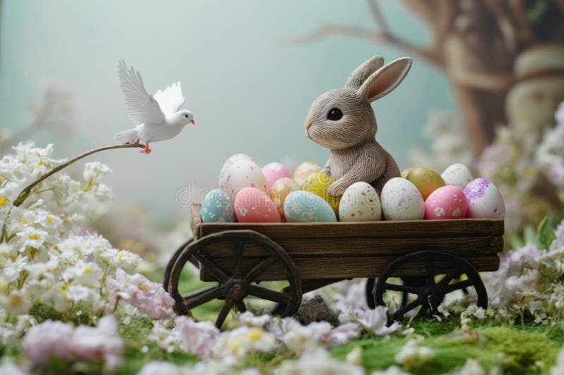 A Charming Easter Bunny Sitting in a Wooden Cart Filled with ...
