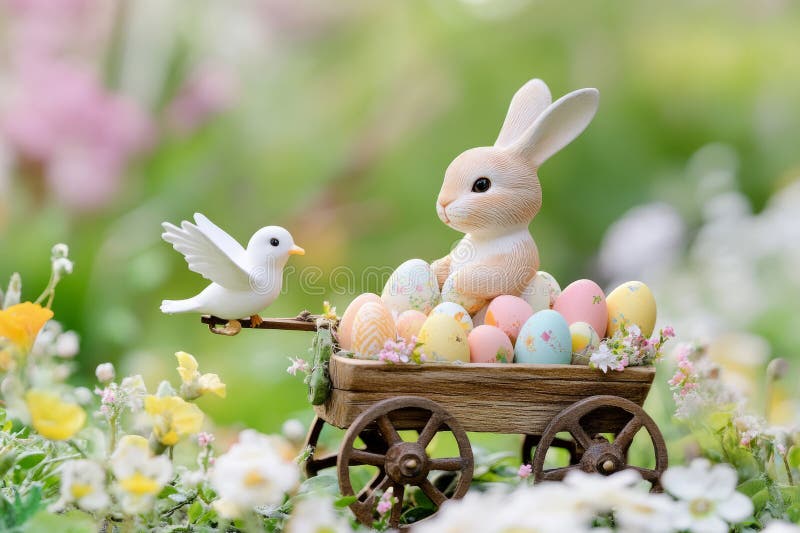 A Charming Easter Bunny Sitting in a Wooden Cart Filled with ...
