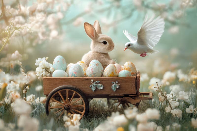 A Charming Easter Bunny Sitting in a Wooden Cart Filled with ...