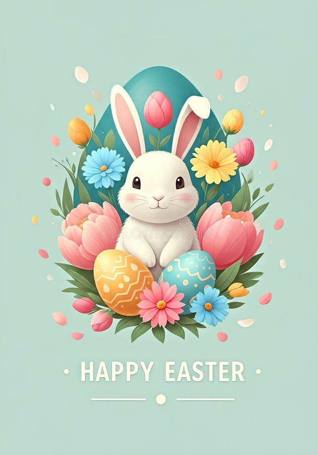 Charming Easter Bunny Surrounded by Spring Flowers and Colorful Eggs ...